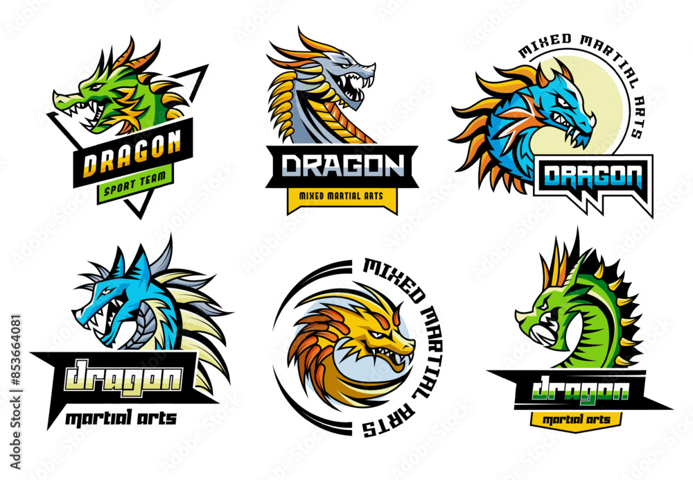 Dragon labels. Martial arts badges with pictures of strong lizard ...