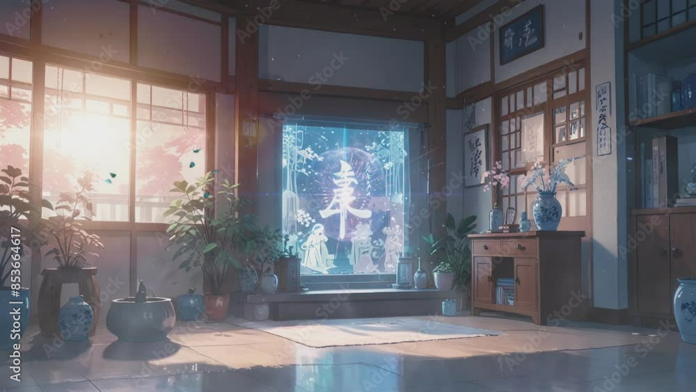 Anime-style Video of shows the inside of a traditional Japanese house ...