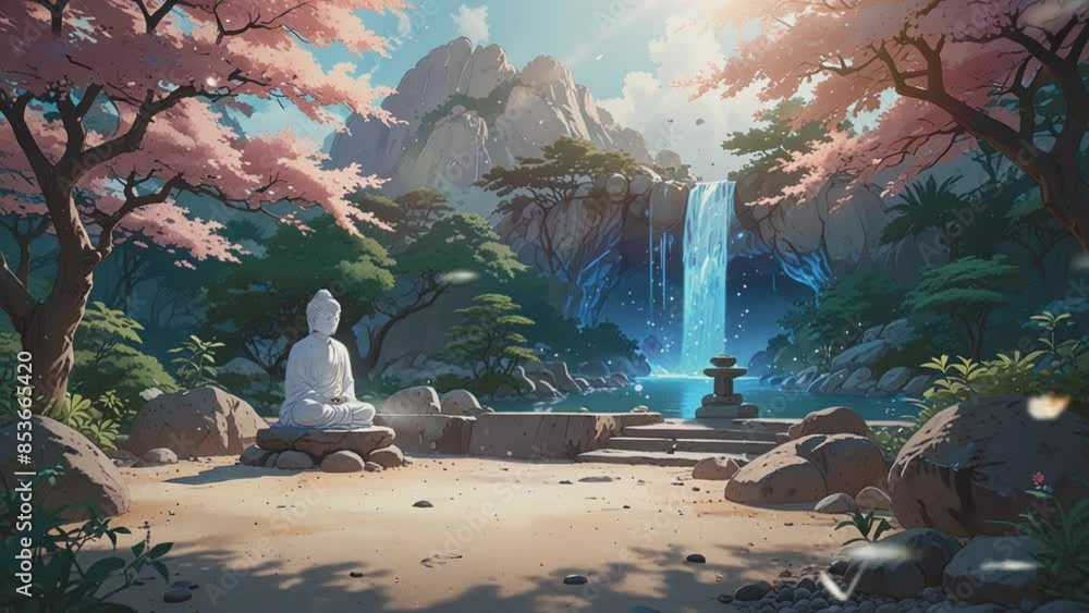 Anime-style Video of a depiction of a Zen garden. There is a statue of ...