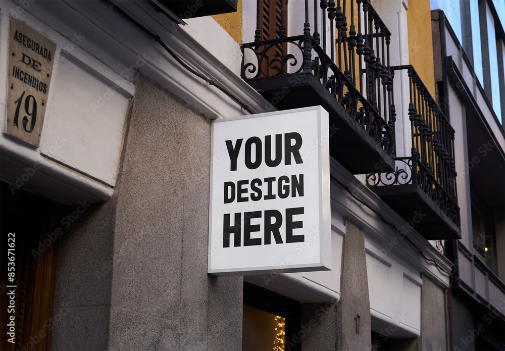 Mockup of customized vertical sign on building Stock Template | Adobe Stock