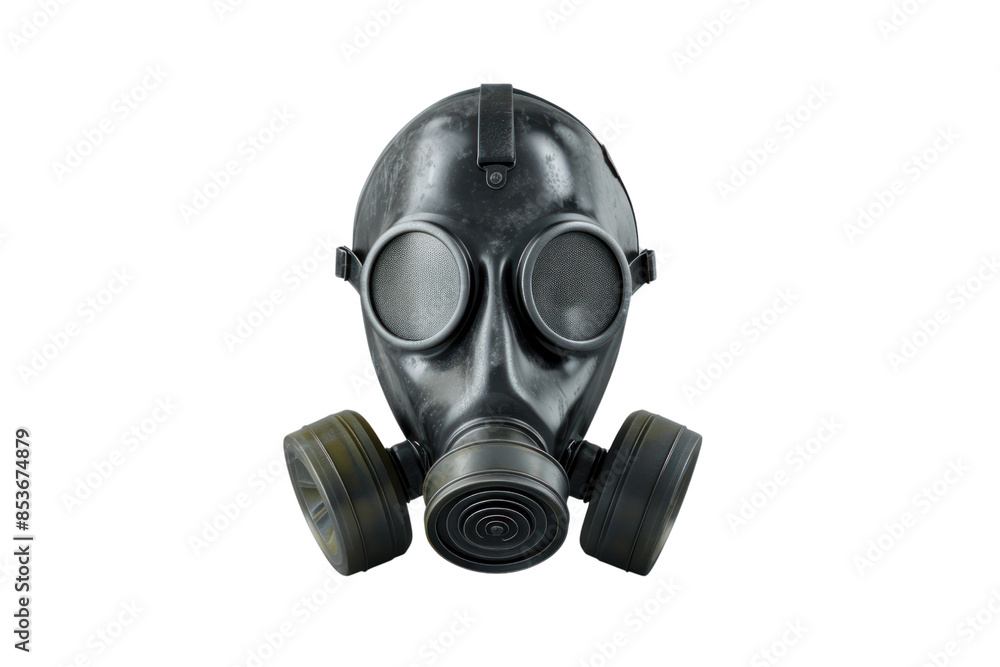 Protective black gas mask with dual filters on a transparent background ...