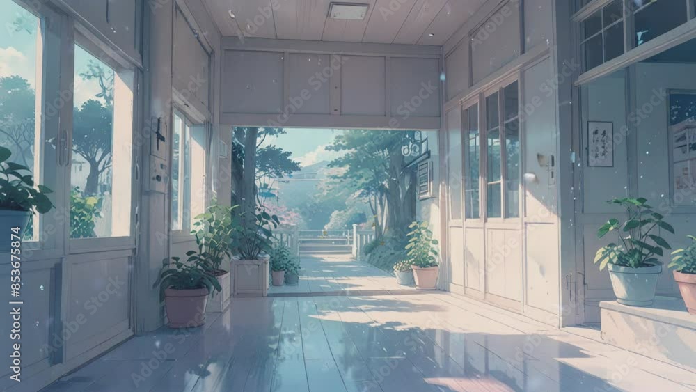 Anime-style Video of a empty hallway. The hallway is lined with windows ...