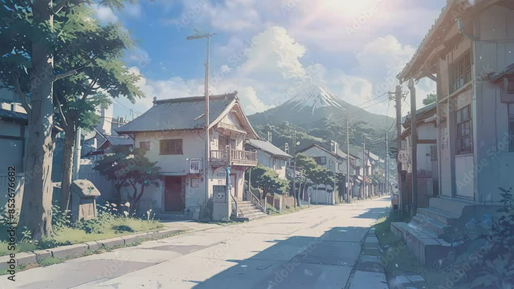 Anime-style Video of street in a Japanese village. There are ...