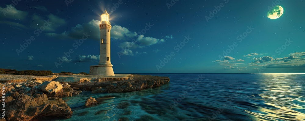 Mystic Lighthouse by the Moonlit Ocean A Tranquil Night Seascape ...