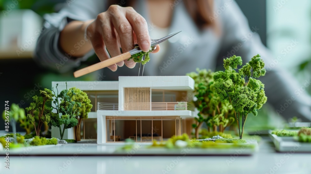 Close-up photo of female architect's hands using pliers to create mock ...