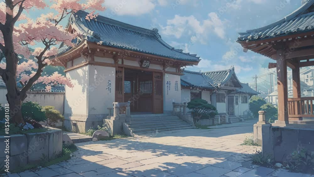 Anime-style Video of a Japanese courtyard with a blooming cherry tree ...