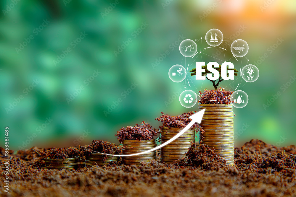 ESG icon on gold coin. Green tree growing on pile of gold coins on ...