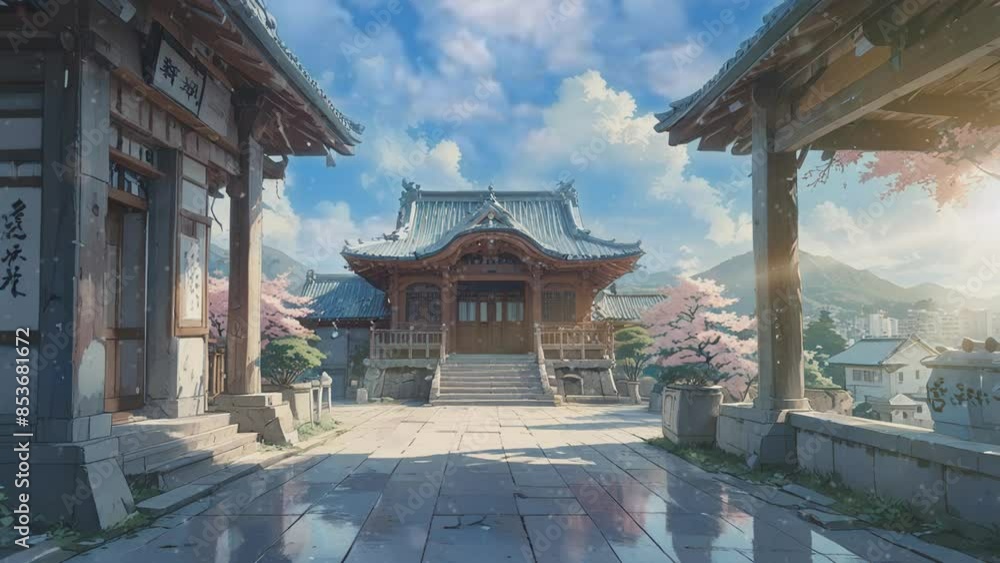 Anime-style Video of a idyllic Japanese courtyard featuring a cherry ...