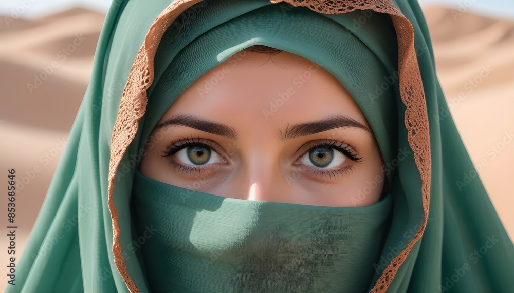 Arabic afghan arabian woman in a traditional green veil burka niqab ...