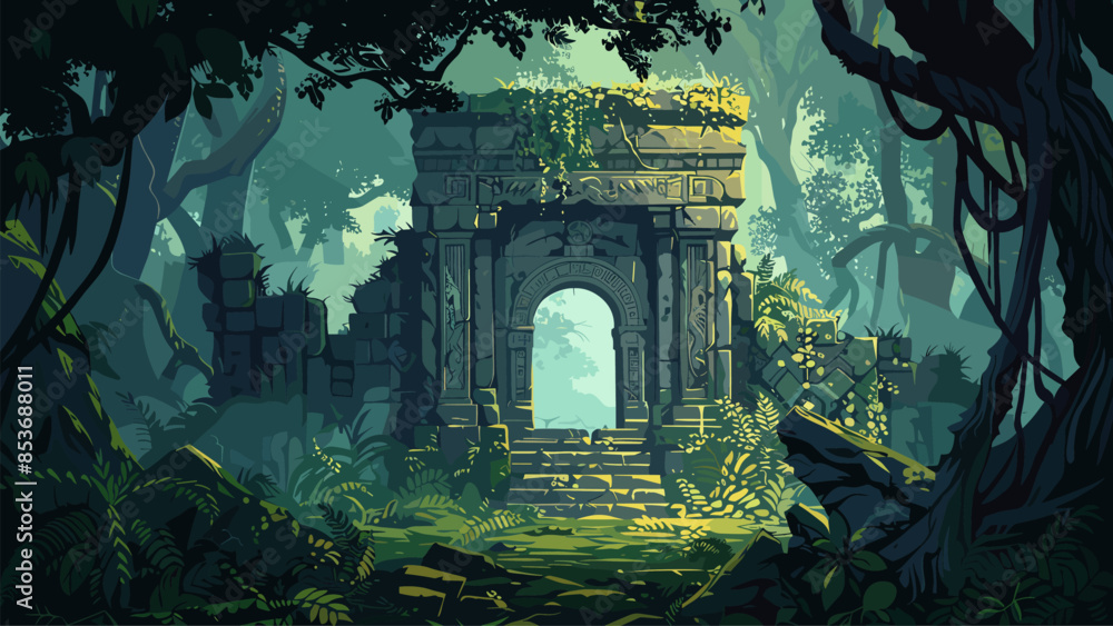 Cartoon forgotten temple deep within a dense jungle overgrown with moss ...