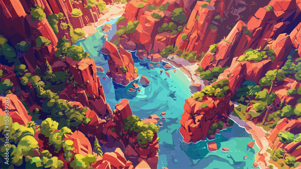 Cartoon lagoon surrounded by red rocks colourful landscape. Tranquil ...