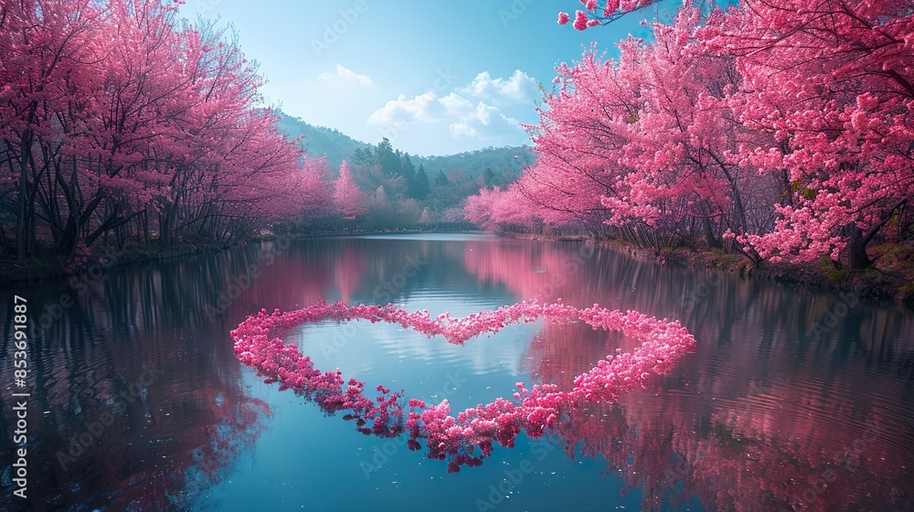 heart made with pink cherry leaves on a lake, cherry trees on the lake ...