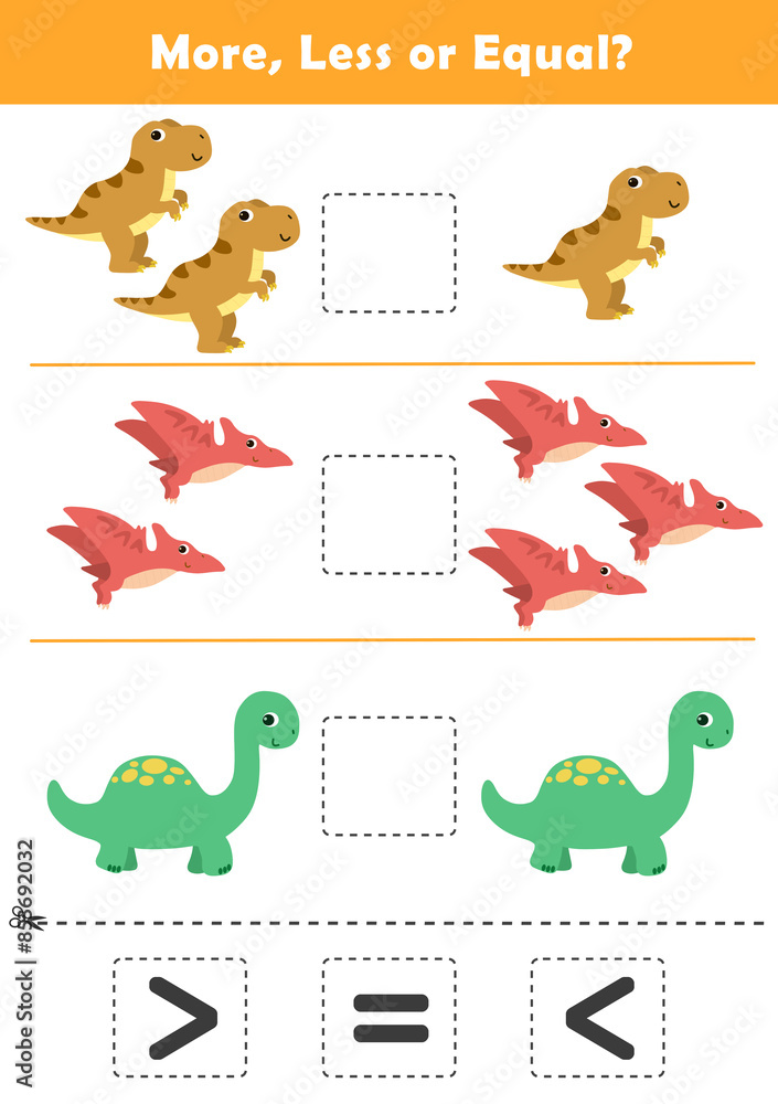 Comparison Worksheet with Cute Cartoon Dino for Kids. Counting Games ...
