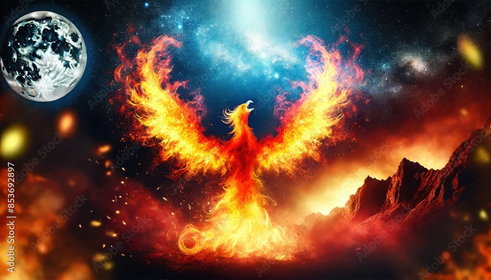 Phoenix Rising from the Ashes with Fiery Wings Spread Wide against a ...