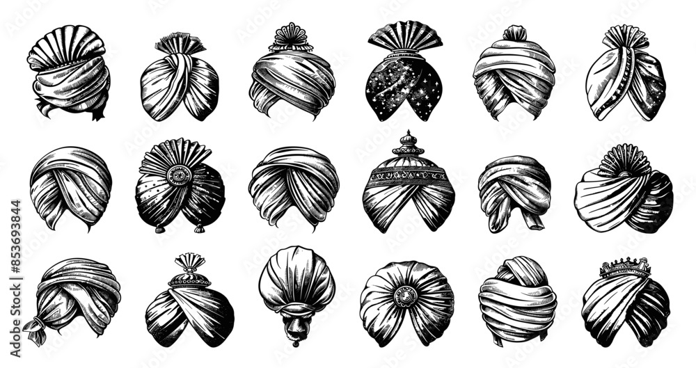 Engraving Style Different Turbans and Dastars Icons. Hand Drawn Simple ...