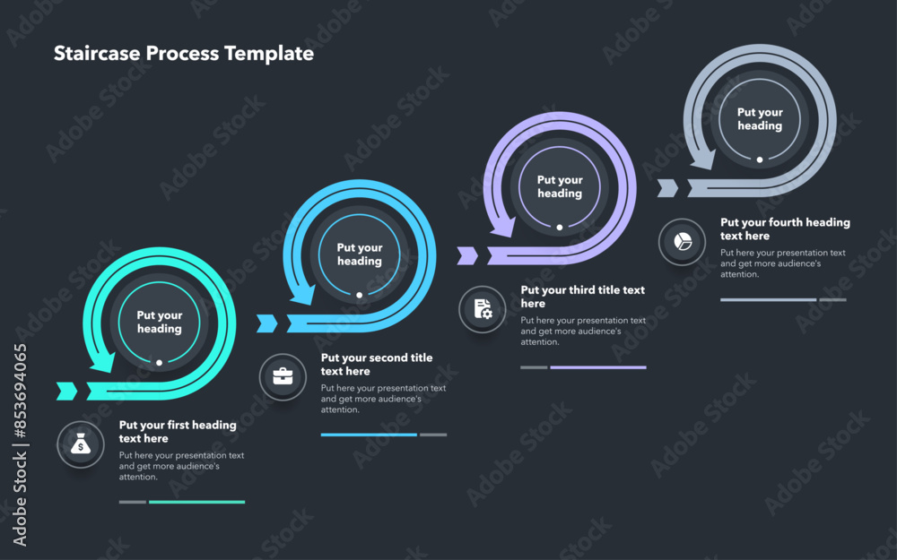 Staircase process infographic template with four circle steps - dark ...