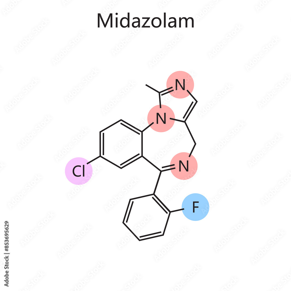 Chemical organic formula of Midazolam diagram hand drawn schematic ...