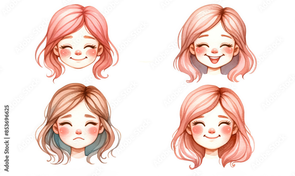 Cute cartoon girl with pink hair showing different emotions happiness ...