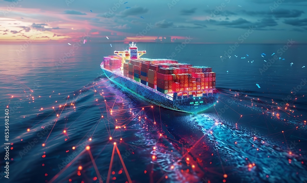 Visualization of a container ship with digital overlays showing real ...
