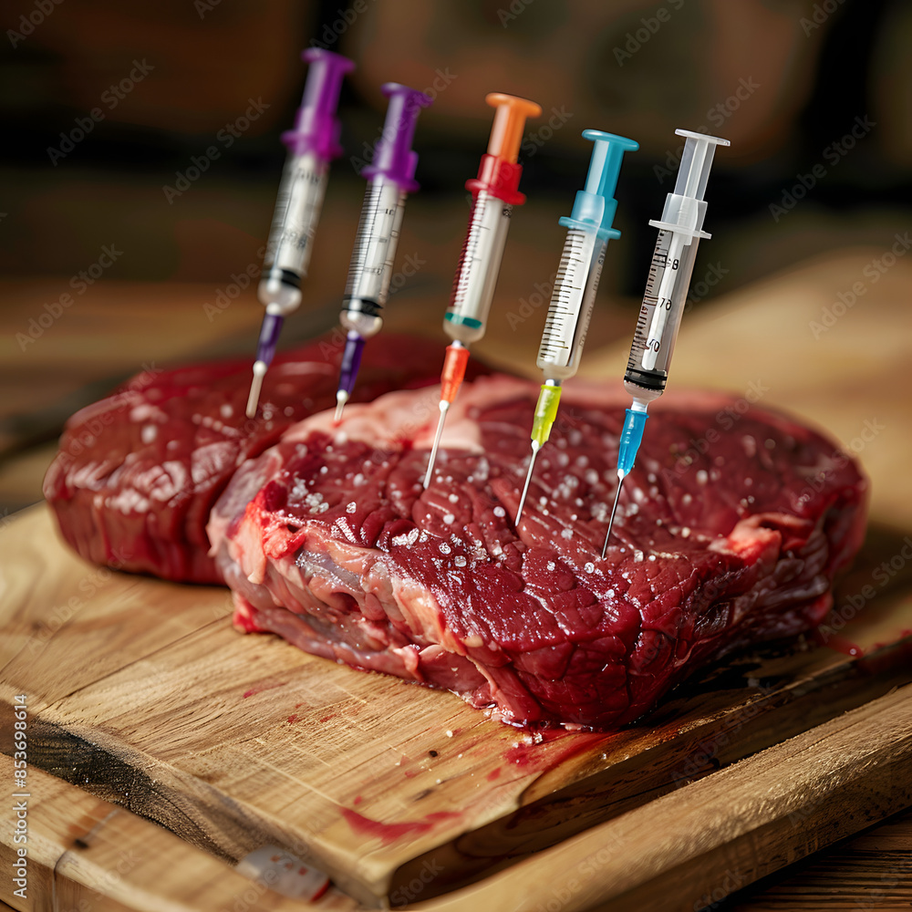 Carne cruda con jeringuillas inyectando hormonas y antibióticos ...