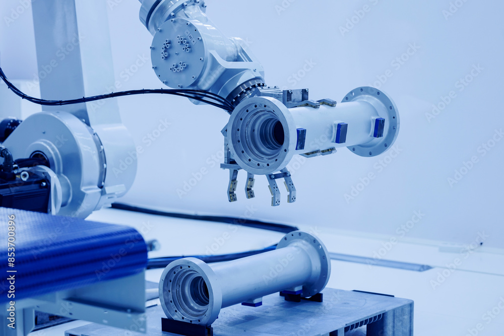 Poster CNC AI robot arm with gripper in factory, robotics hand moving ...