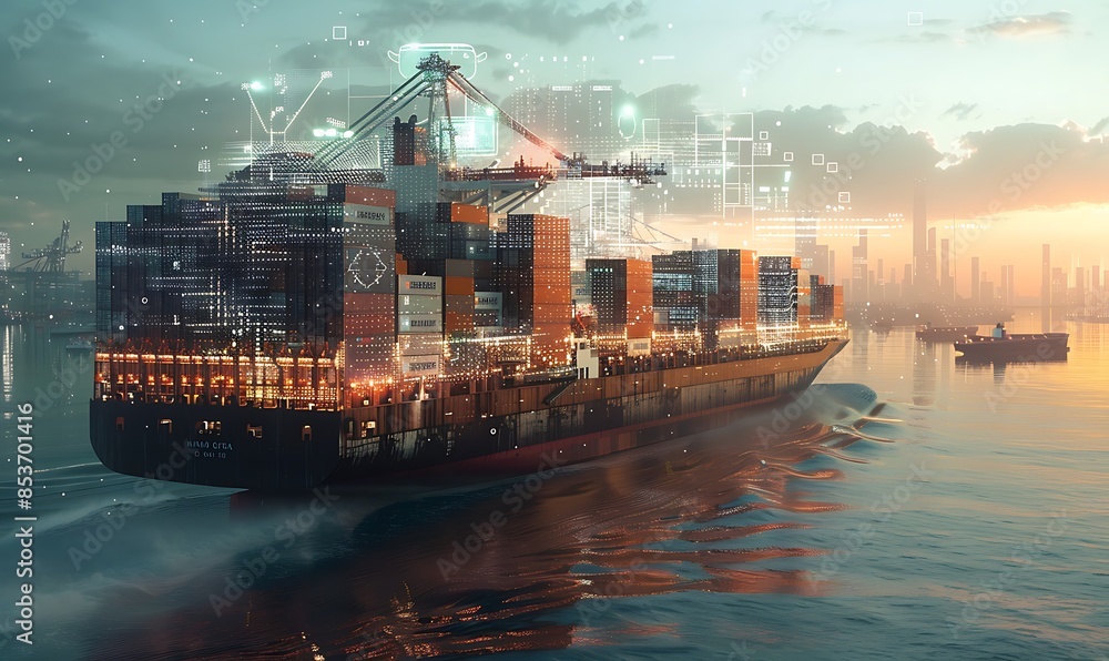Visualization of a container ship with digital overlays showing real ...