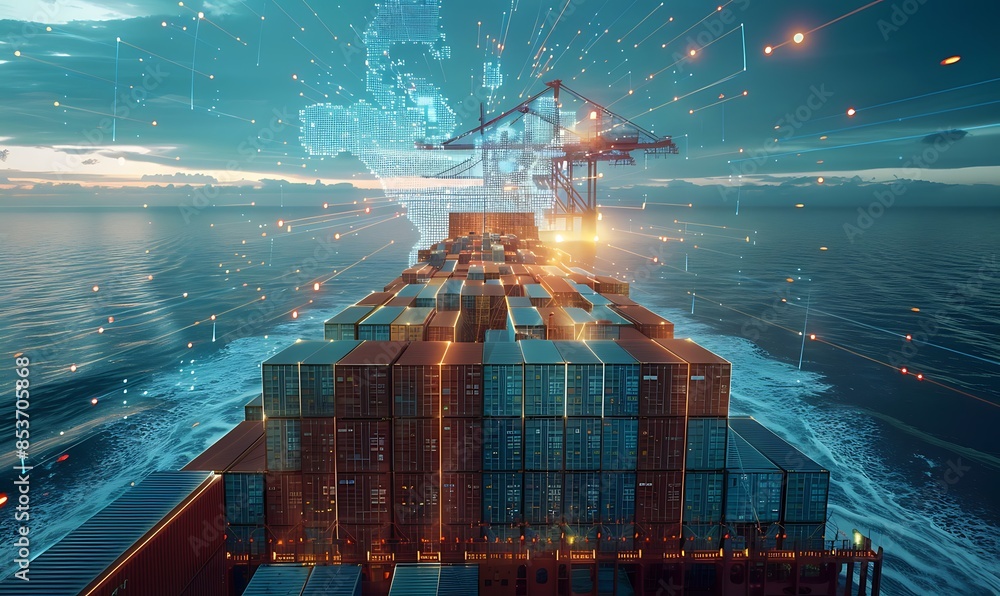Visualization of a container ship with digital overlays showing real ...