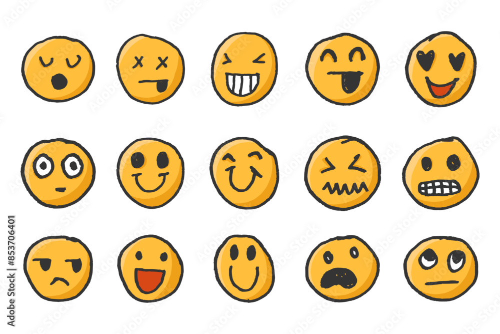 Vettoriale Stock Collection of hand drawn icons, smiley faces. Doodle ...