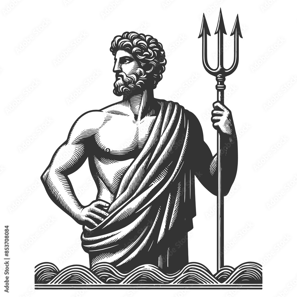 Poseidon holding a trident, standing in the ocean with a powerful ...