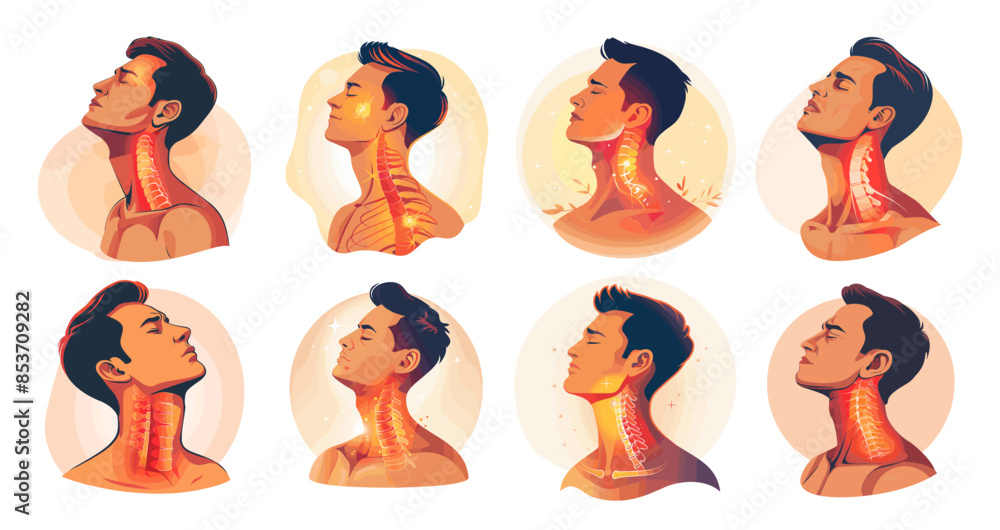 Neck pain cartoon vector concepts. Man discomfort spine spasm joints ...