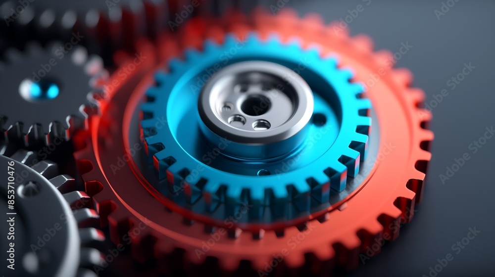 Interlocking gears and cogs with blue and red details illustrating the ...