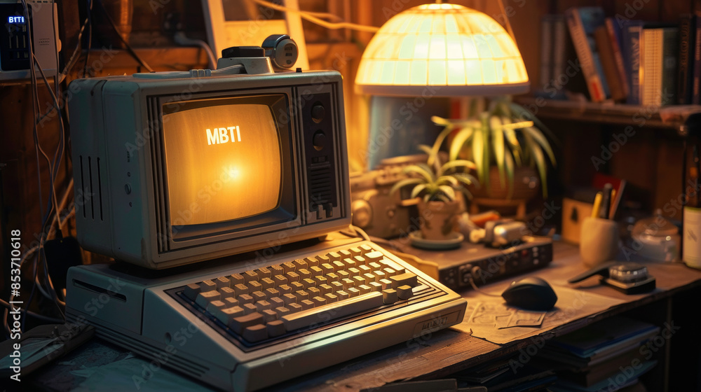there is an old fashioned computer, on the screen is the "MBTI" letters ...