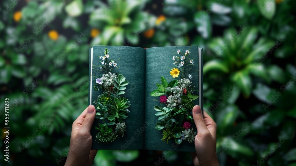 Hands holding an open book with colorful flowers inside, surrounded by ...