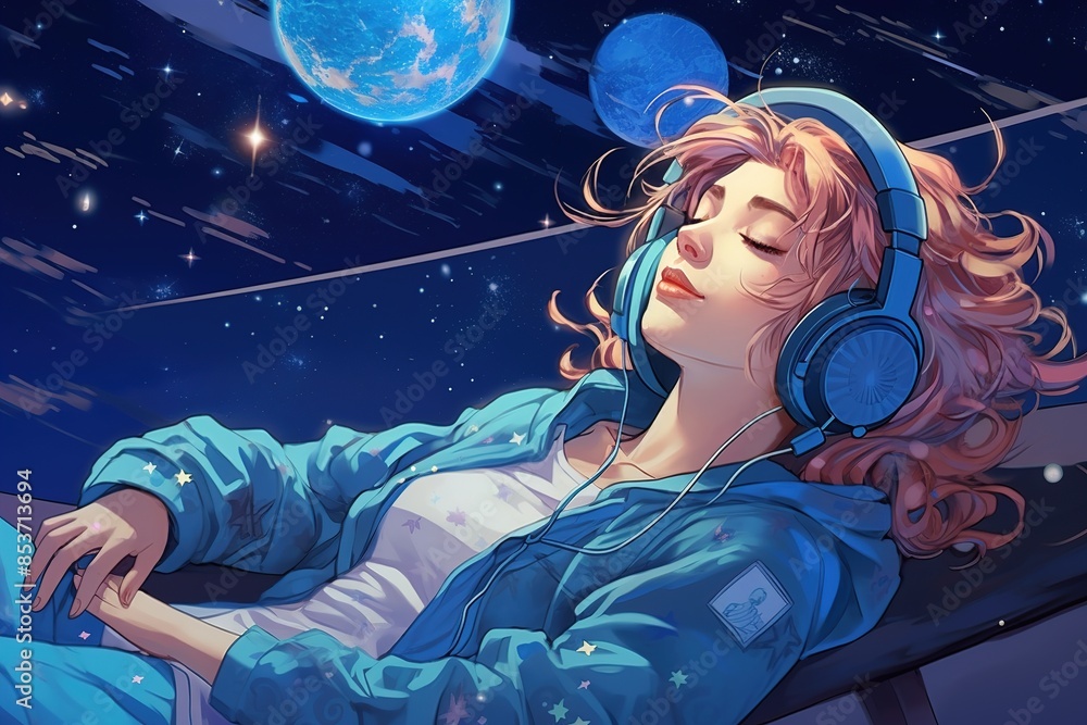 Beautiful anime girl floating in space, listening to music with ...
