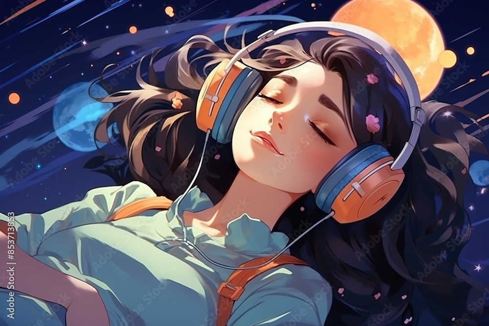 Beautiful anime girl floating in space, listening to music with ...