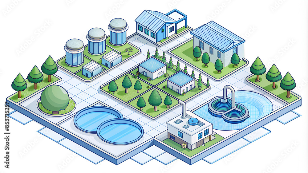Wastewater treatment plant in stylized outline vector symbol. Isometric ...