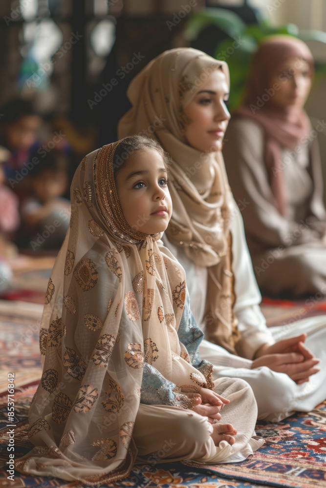 Elegant image of a Muslim family praying together in a clean ...
