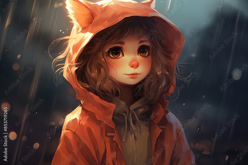 anime cat girl in a cape, digital art, painting, anime, art, graphics ...