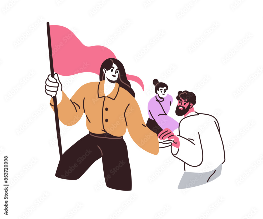 Leadership concept. Woman leader with flag leading team. Support ...