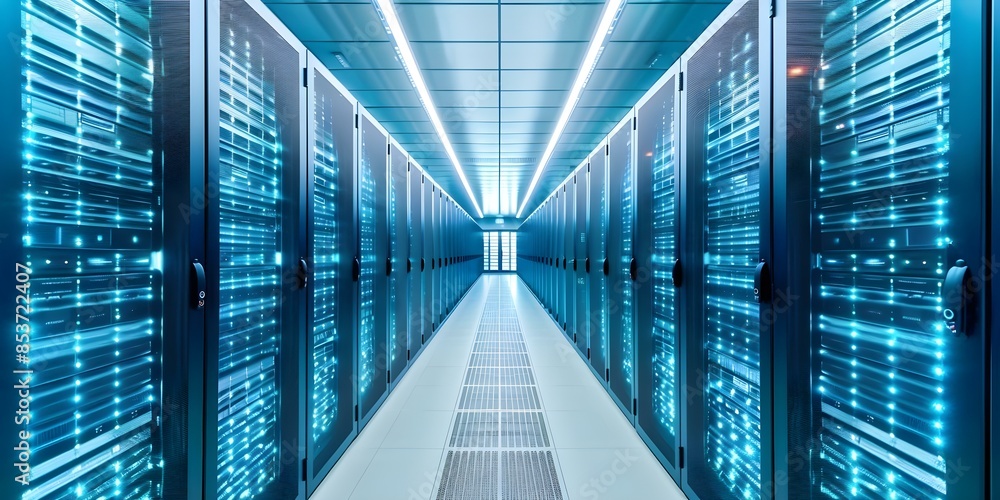 Secure server room setup for storing personal data with online and local backup servers. Concept ...