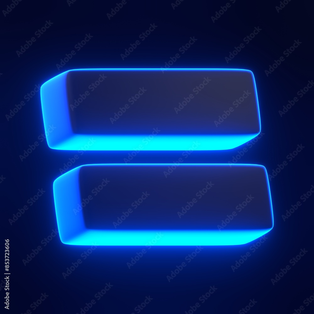 Equals sign with bright glowing futuristic blue neon lights on black ...