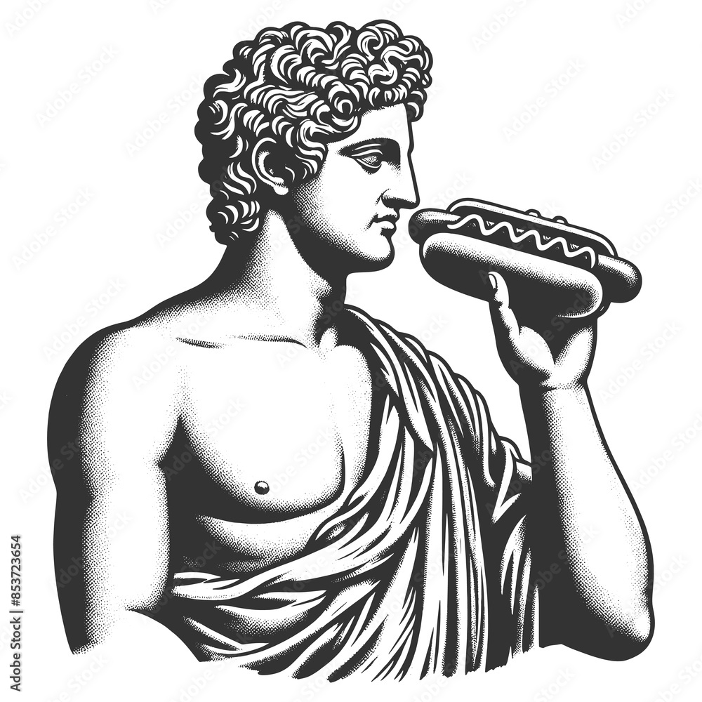 classical statue eating a hot dog, blending ancient art with modern ...