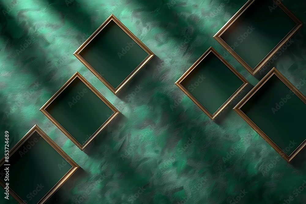 Four empty square frames arranged diagonally on an emerald green wall ...
