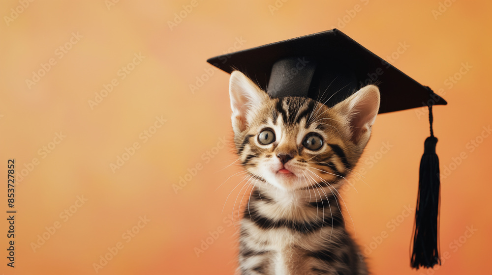 Kitten wearing a graduation cap black hat on orange background with ...