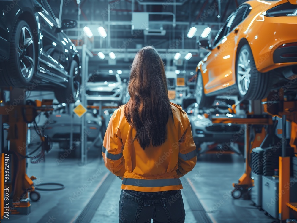 A female automotive engineer in a blue jumpsuit meticulously conducts a ...