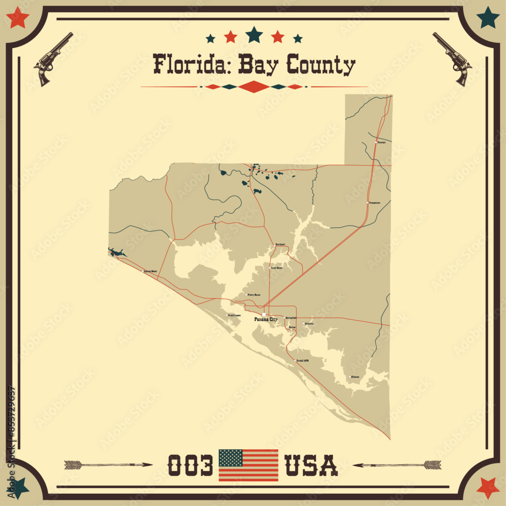 Large and accurate map of Bay County, Florida, USA with vintage colors ...