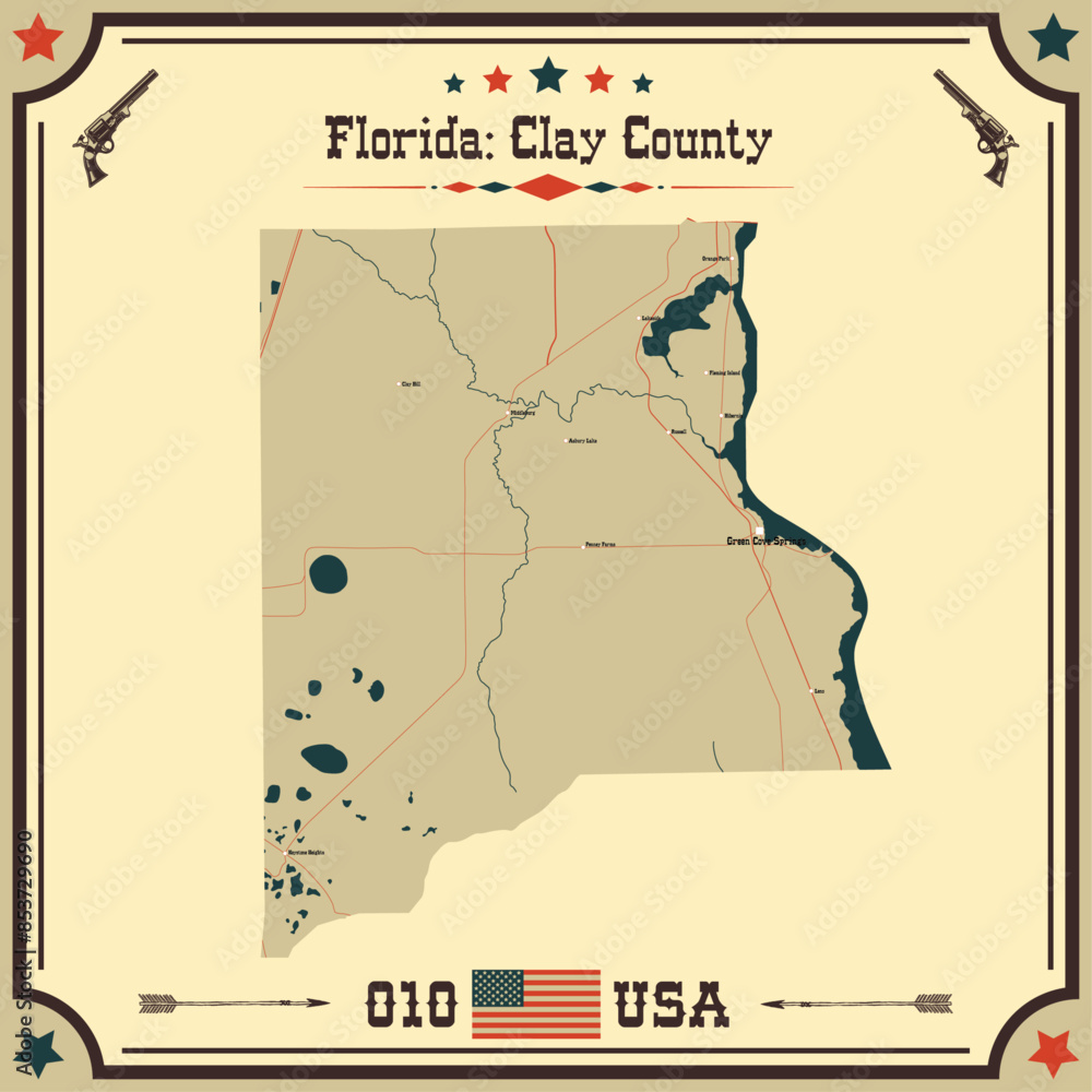 Large and accurate map of Clay County, Florida, USA with vintage colors ...