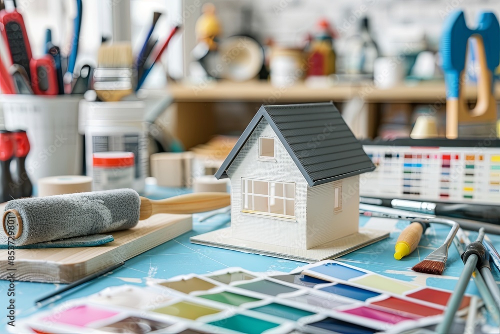 Close-up of a desk in a hardware store with various house painting ...