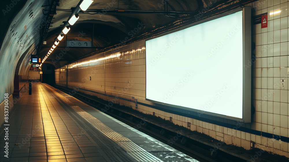 Blank white mock up large billboard sign underground train station wall ...