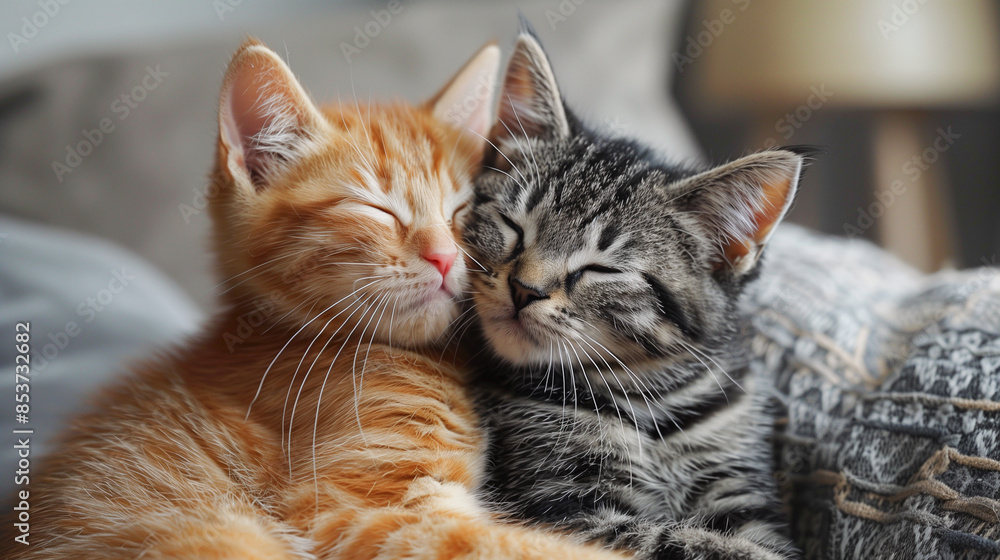 Two cats, one orange and one tabby, cuddle up together for a nap on a ...
